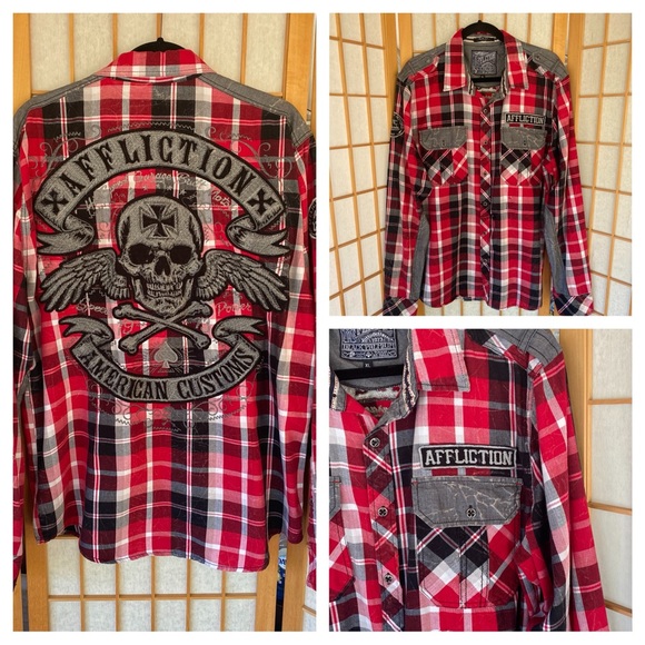 Affliction | Shirts | Affliction Mens Red And Black Plaid Button Down ...